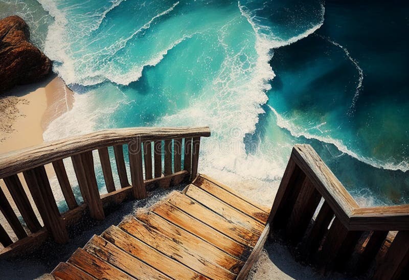 Wooden Steps Lead To Ocean. AI Generated Stock Illustration ...