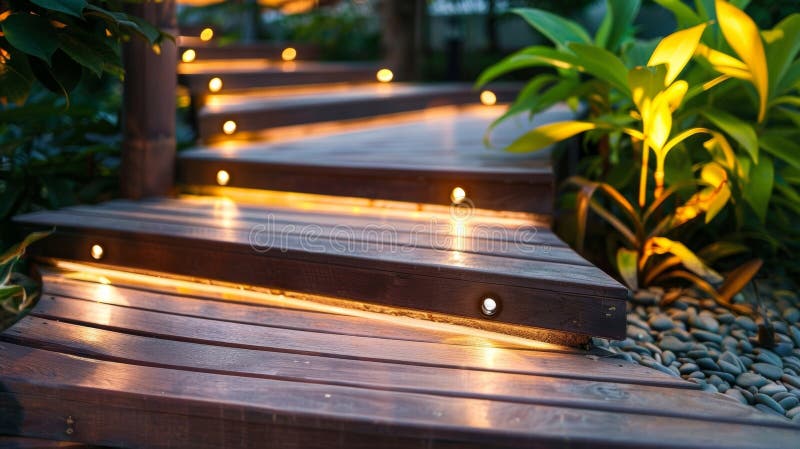 Wooden Steps Lined with Solar Path Lights Making for a Charming ...