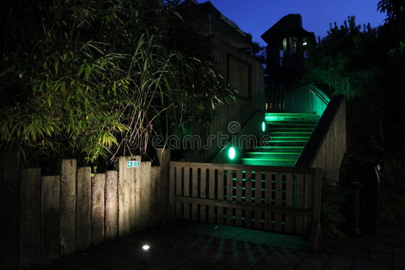 Wooden Steps Taken Outdoors at Night with Lights Illuminating Stock ...