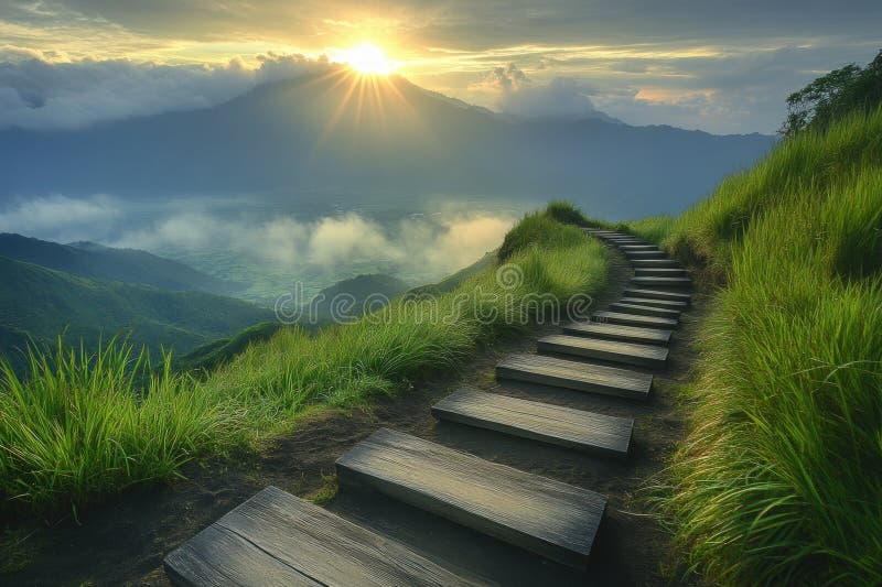 Wooden Steps Winding Up a Mountain at Sunrise Stock Illustration ...
