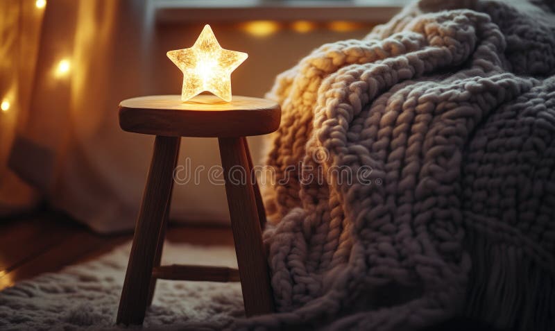 A Wooden Stool with a Lit Star on Top Stock Photo - Image of gold ...
