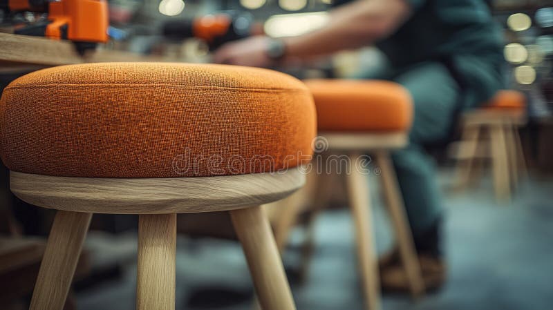 Wooden Stool with Orange Cushion in a Workshop Setting. Stock Image ...