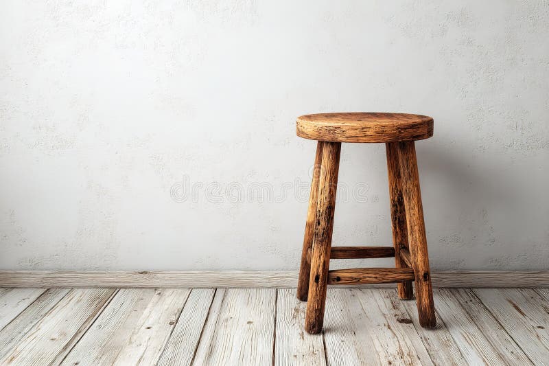 Wooden Stool Placed on a Rustic Wooden Floor Against a Textured Wall ...