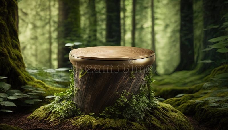 A Wooden Stool Sitting on Top of a Tree Stump in a Forest Stock ...