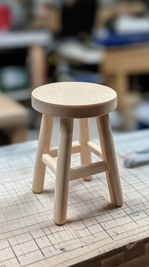 Wooden Stool on Workshop Table with Tools and Materials in Background ...