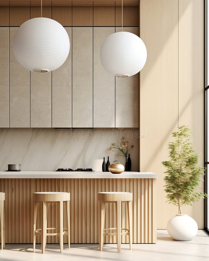 Wooden Stools at Kitchen Counter. Modern Interior Design of ...