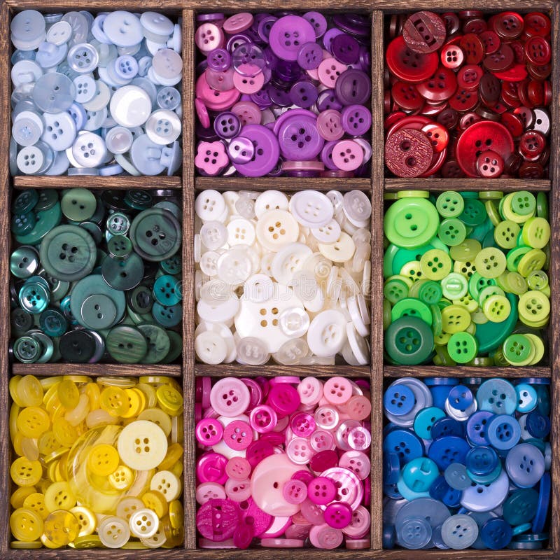 Wooden Storage Box Filled with Buttons. Stock Image - Image of design ...
