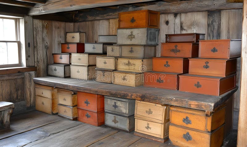 Antique Wooden Boxes in a Rustic Room Stock Illustration - Illustration ...