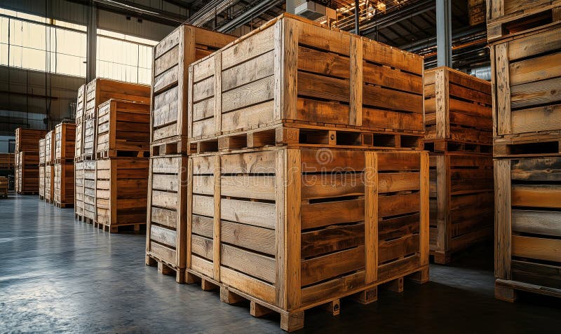 Wooden Storage Crates Stacked in Industrial Warehouse Environment Stock ...