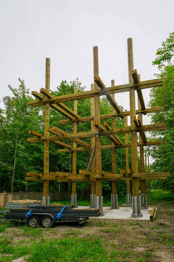 Wooden Structure Frame Under Construction with Beams and Support Posts ...