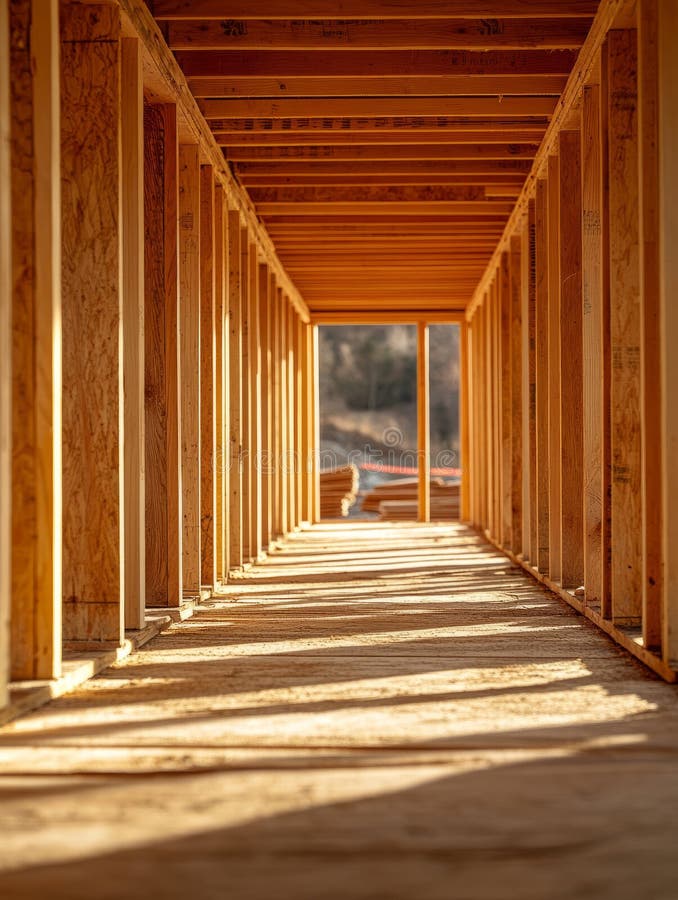 Wooden Structure Framing in Sunlight at a Construction Site. Stock ...