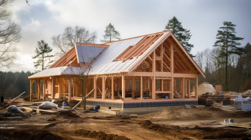 The Wooden Structure of a House Under Construction, Nestled within a ...