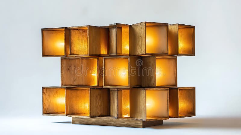 A Wooden Structure with Many Small Boxes and Lights Inside Stock Photo ...