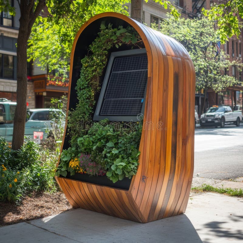 Wooden Structure with Solar Panel and Greenery Stock Illustration ...