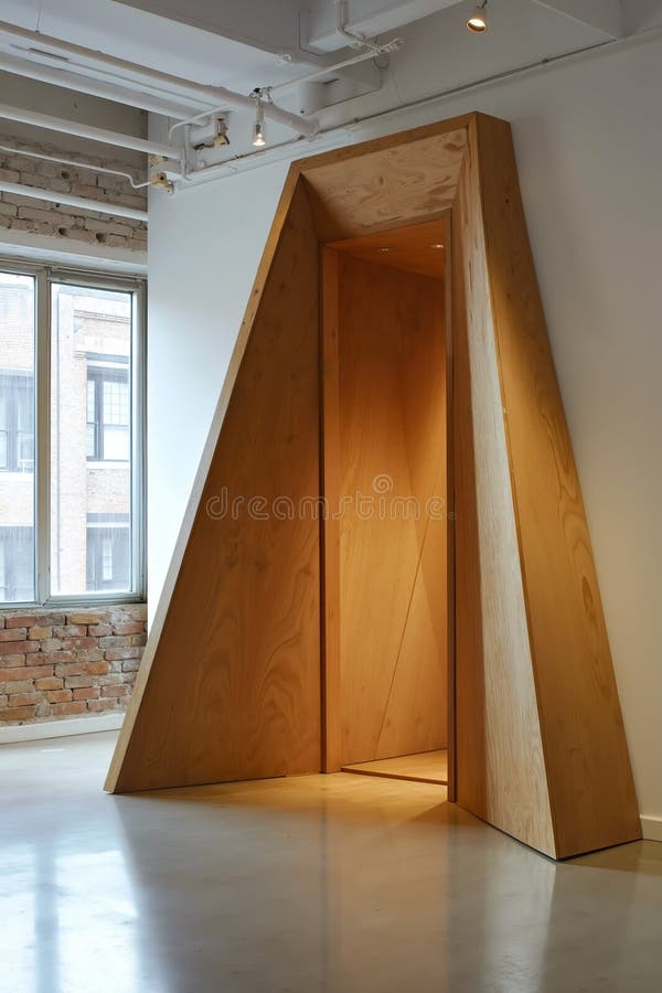 A Wooden Structure in a Room with a Brick Wall Stock Image - Image of ...