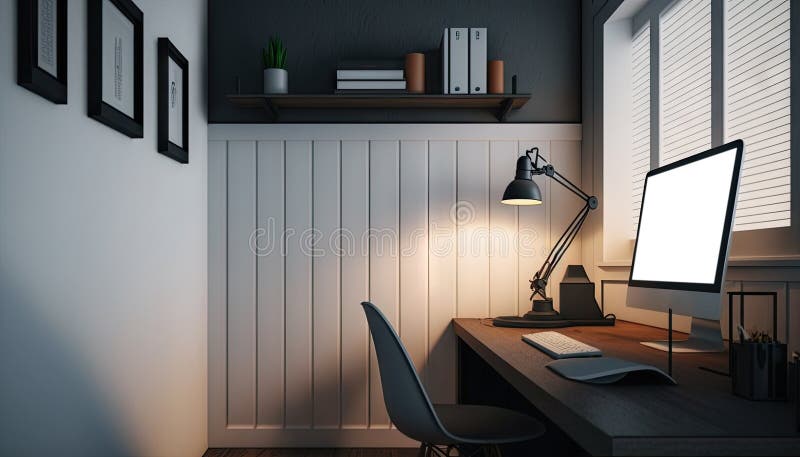 Wooden Study Table with Desktop Computer in Modern Room. Generative AI ...