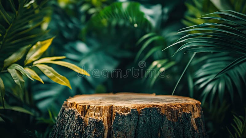 Wooden Stump in a Lush Forest with Moss and Tropical Plants, Natural ...