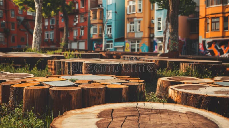 Wooden Stumps in Front of Buildings Stock Photo - Image of pattern ...
