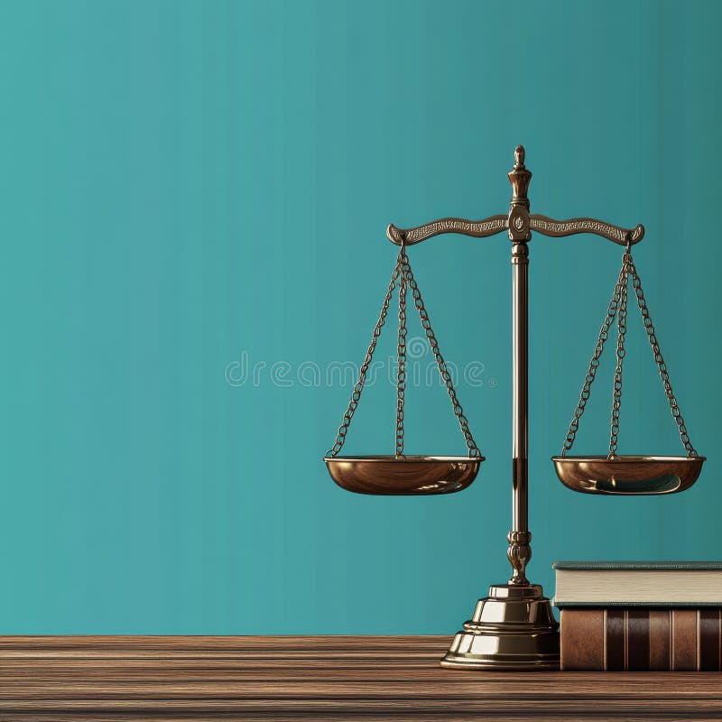 On a Wooden Surface, a Bronze Balance Scale Stands beside a Stack of ...