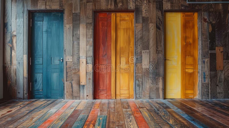 Wooden Surface with Colorful Doors in a Rustic Interior Setting Stock ...