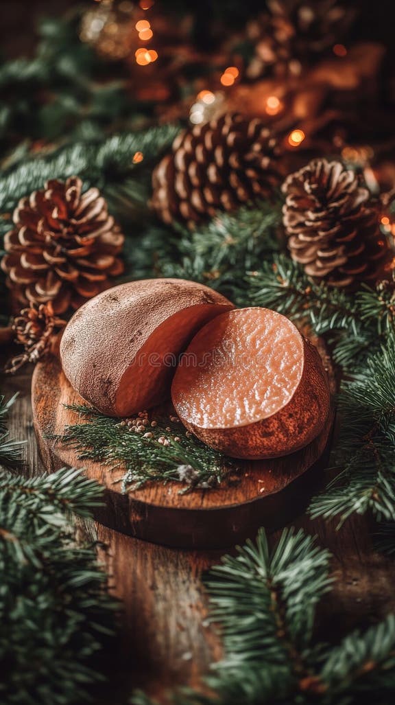 A Wooden Surface Features Sliced Jicama Root Accompanied by Pinecones ...