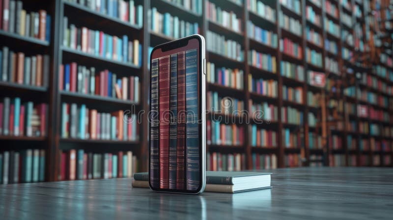 Wooden Surface with a Smartphone Displaying Book Spines, Representing ...