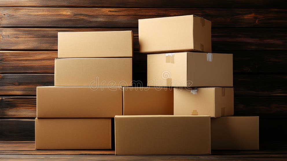 A Wooden Surface with a Stack of Same-sized Cardboard Boxes, Neatly ...