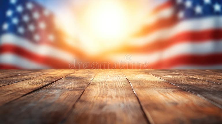 Wooden Surface with Sunlight and American Flags in Background Stock ...