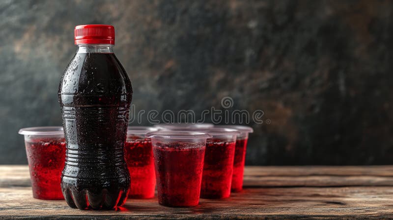 A Wooden Surface Supports a Dark Soda Bottle and Several Plastic Cups ...