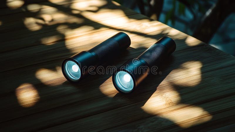 A Wooden Surface is Used To Display Three Tactical Flashlights Stock ...