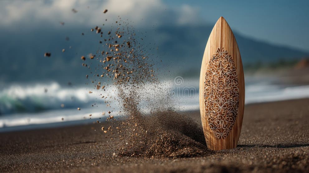 Wooden Surfboard on Sandy Beach with Exploding Sand and Ocean Wave ...