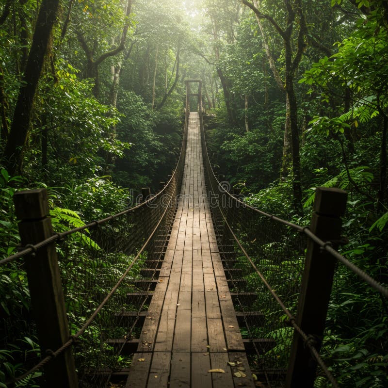 Wooden Suspension Bridge through Lush Green Forest Stock Illustration ...