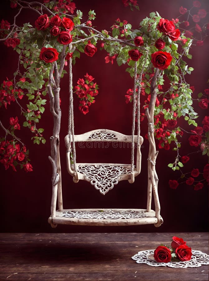 A Wooden Swing Adorned with Red Roses and Hanging from Branches. Stock ...