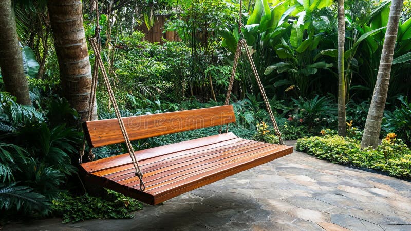 Wooden Swing Hanging from a Tree in a Peaceful Garden. Stock Image ...