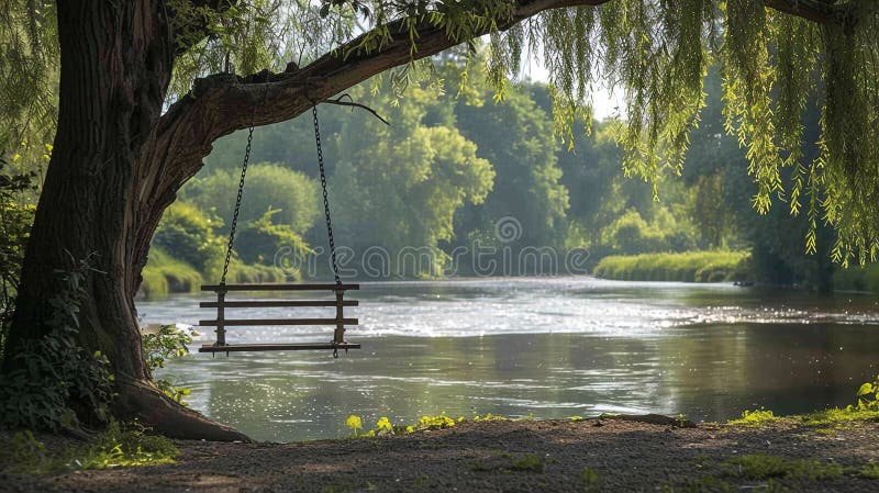 A Wooden Swing Hanging from a Weeping Willow Tree by a River Stock ...