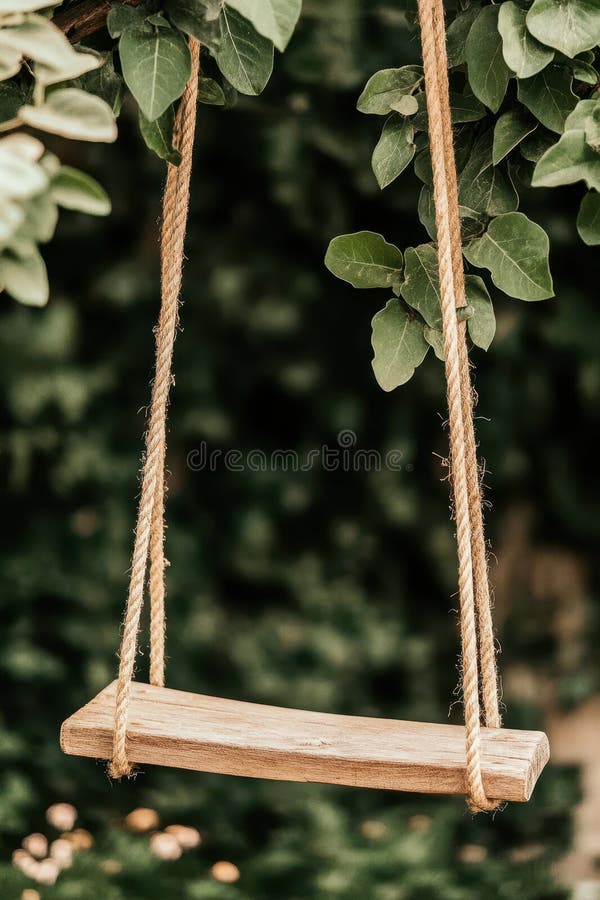 Wooden Swing Hangs from Branch. Green Leaves Create a Soft Backdrop ...