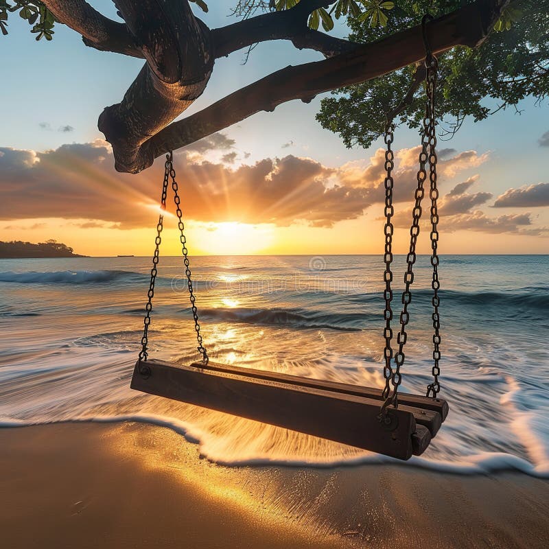 A Wooden Swing with Iron Chains Hanging from a Tree, Overlooking the ...
