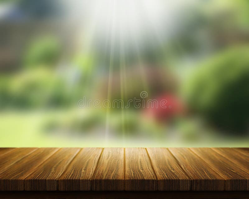 Wooden Table, Perspective View. Behind a Blurry Wooden Table, a Garden ...