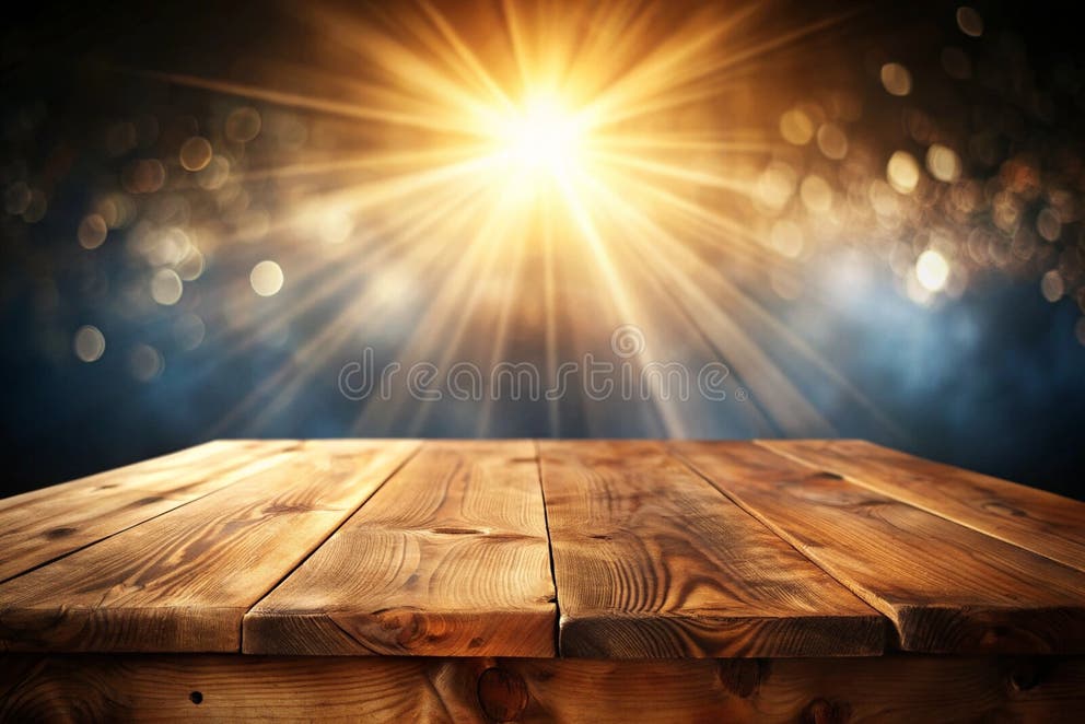 Wooden Table on Abstract Dark Background with Light Stock Illustration ...