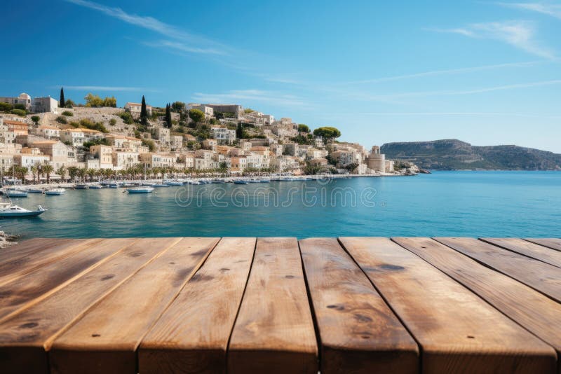 A Wooden Table Against Backdrop of Charming Seaside Town Blank Surface ...