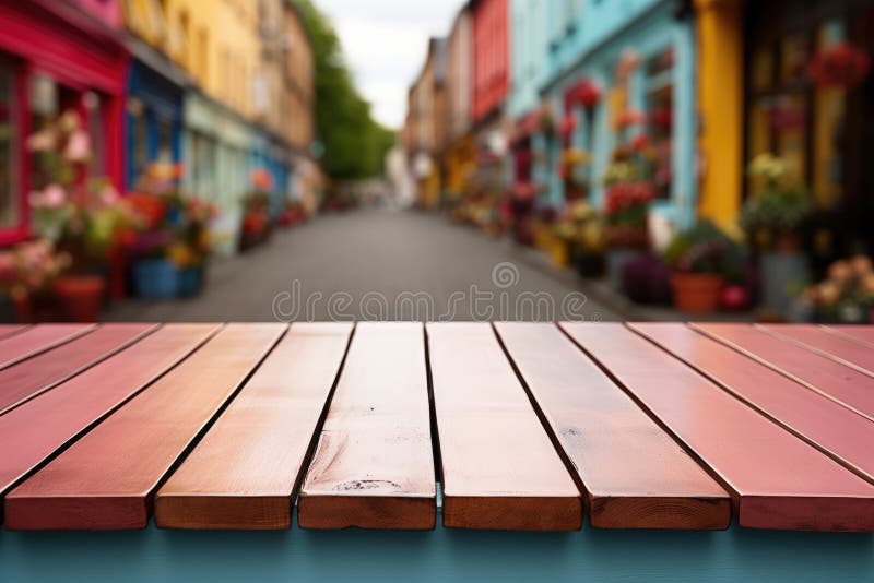 A Wooden Table Against Backdrop of Colorful Street Fair Blank Surface ...