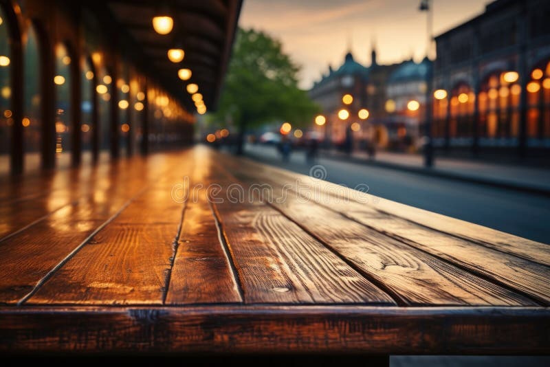 A Wooden Table Against Backdrop of Vintage Train Station Blank Surface ...
