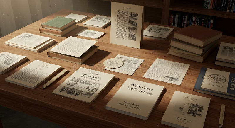 Wooden Table with an Array of Opened Books and Documents Arranged ...
