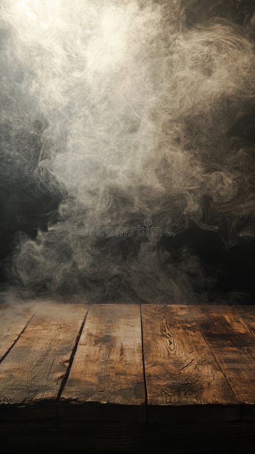 Wooden Table with Atmospheric Smoke Background, Rustic and Mysterious ...