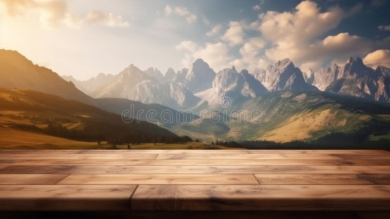 Wooden Table Background with Landscape of Mountains. Generative AI ...