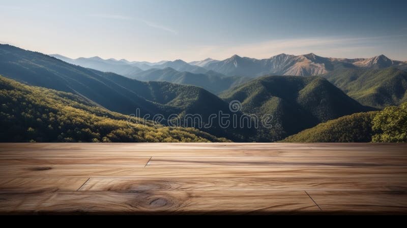 Wooden Table Background with Landscape of Mountains. Generative AI ...
