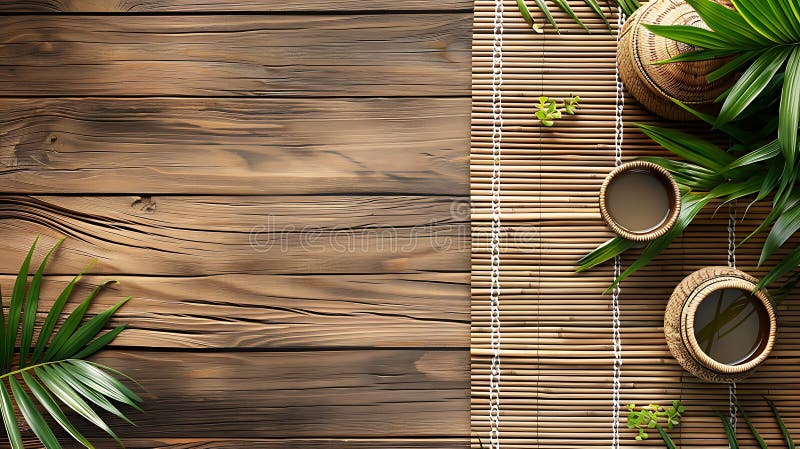 Wooden Table with Bamboo Mat and Palm Leaves Stock Illustration ...