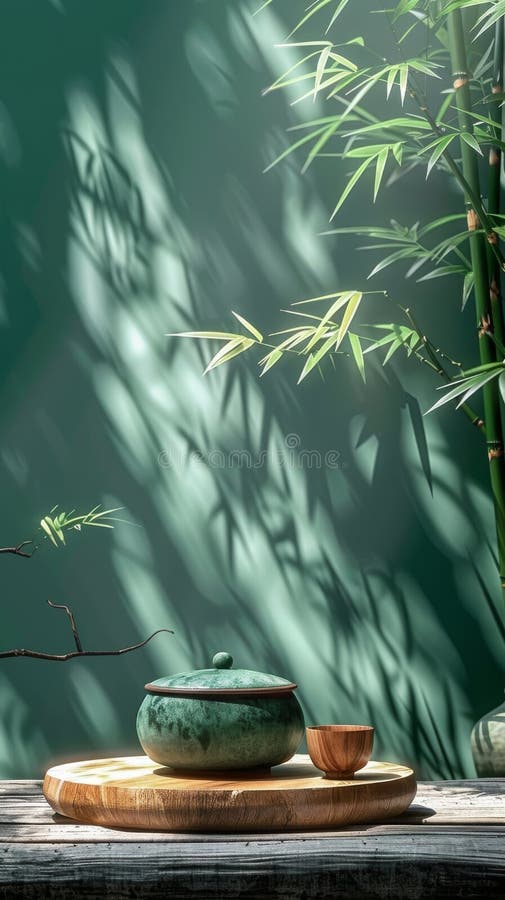 A Wooden Table with a Bamboo Plant and a Bowl Placed on it in a Simple ...