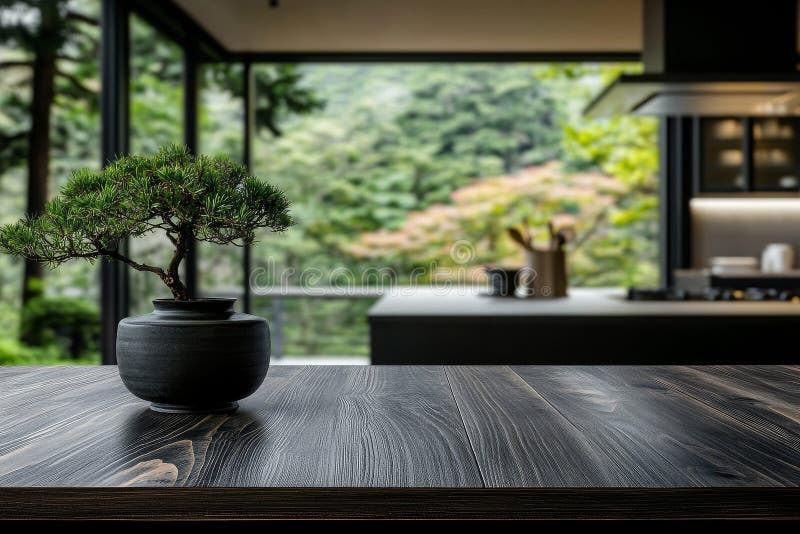 Wooden Table with Bansai Tree on Modern Kitchen Stock Illustration ...
