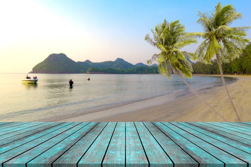 Wooden Table with Beach Landscape Blur Background Stock Photo - Image ...